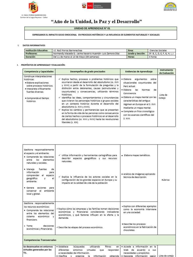 Unidad Aprendizaje #01 - I Bim. 3 Año | PDF | Evaluación | Aprendizaje