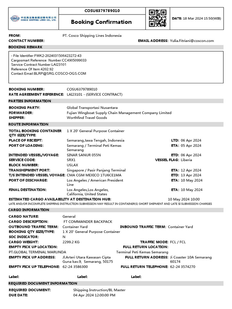 Booking Confirmation: COSU6379789010 | PDF | Cargo | Freight Transport