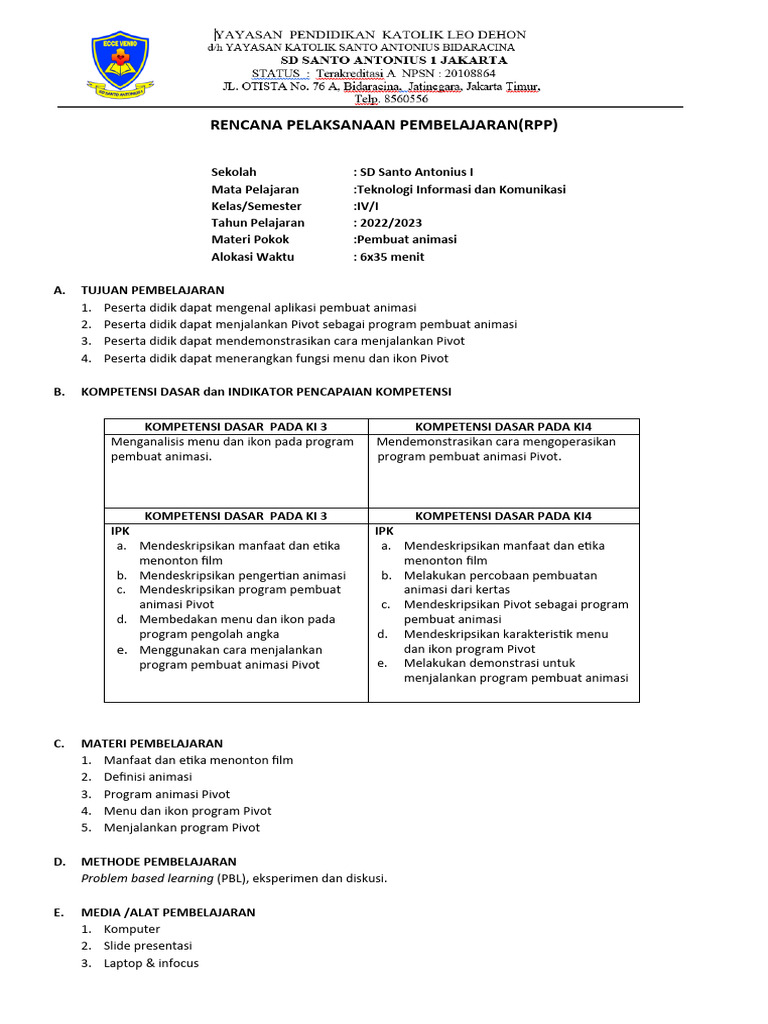 RPP Kelas 4 Sem 1 | PDF