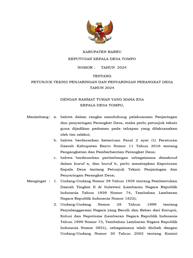 CONTOH SK Petunjuk Teknis Penjaringan Dan Penyaringan Perangkat Desa | PDF