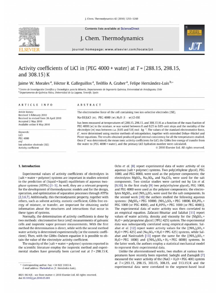 Activity Coefficients of LiCl in PEG 4000+watermixtures | PDF