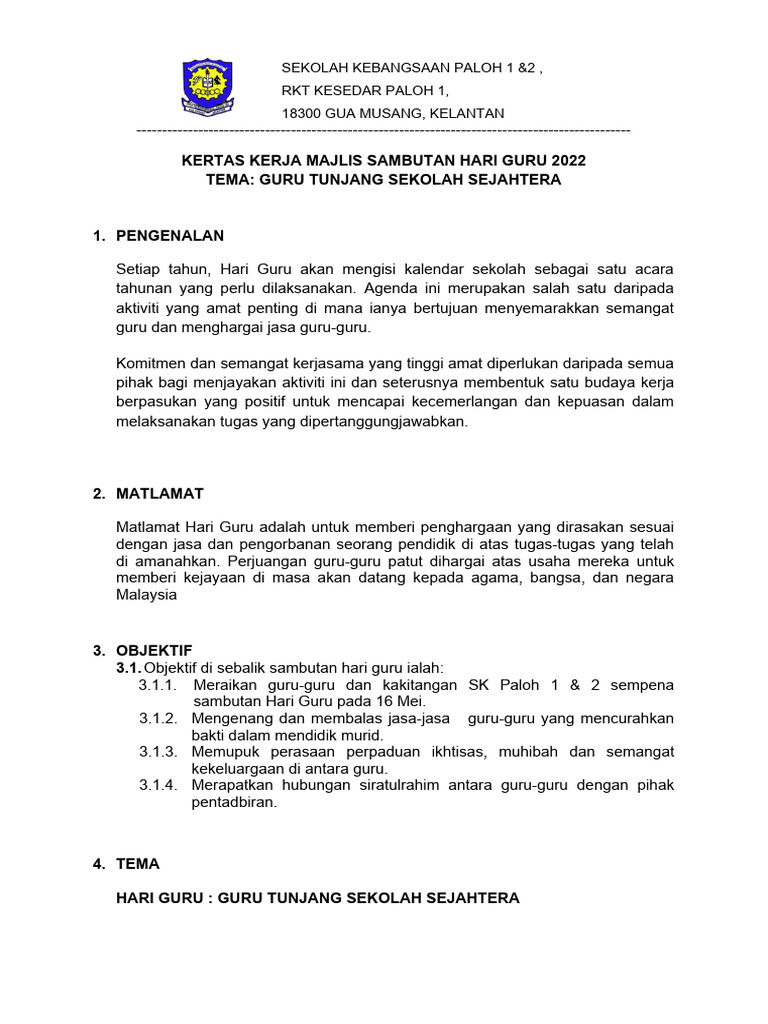 Kertas Kerja Hari Guru 2022 SK Paloh | PDF