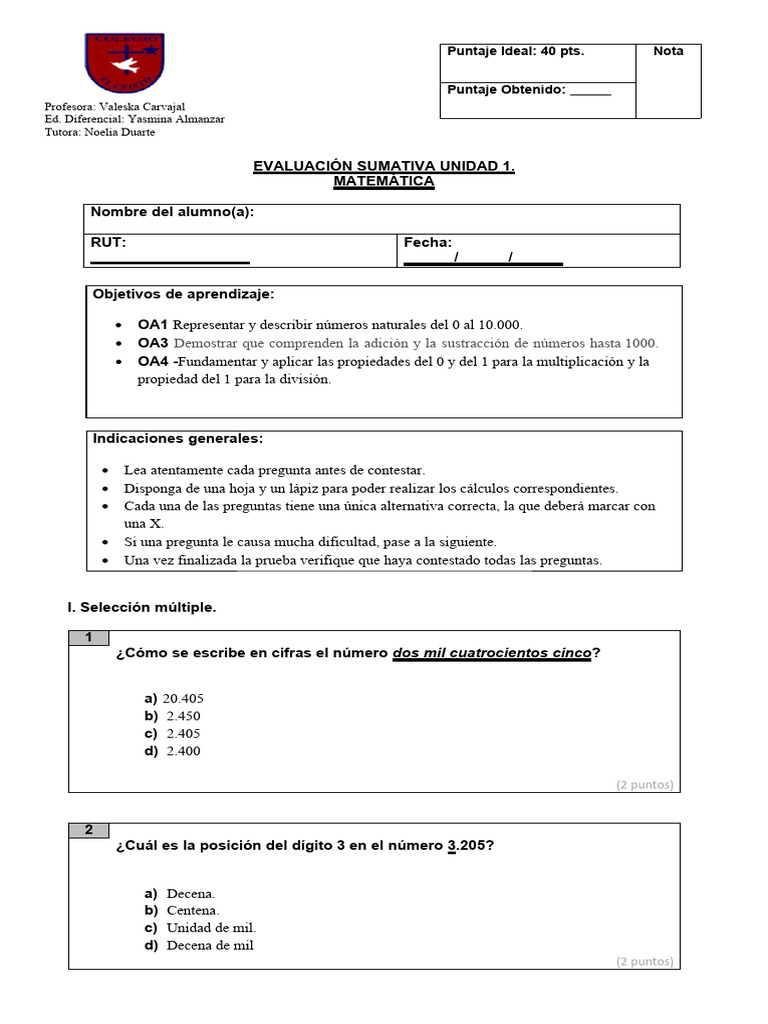 Evaluación de Matemática: Unidad 1 | PDF | Aritmética | Comunicación escrita