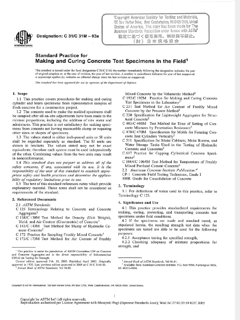Fdocuments - in - Astm C 31 Curing Concrete | PDF