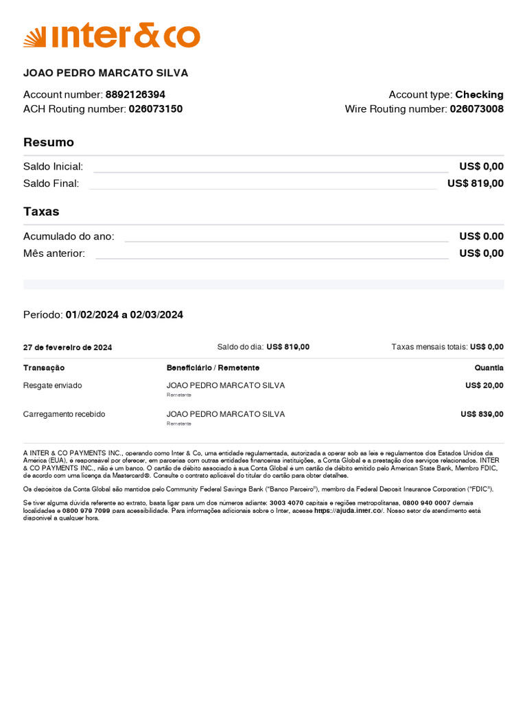 Extrato da Conta Global de João Pedro | PDF | Mastercard