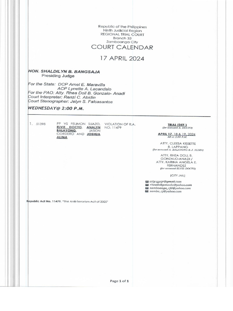Sample Court Calendar | PDF