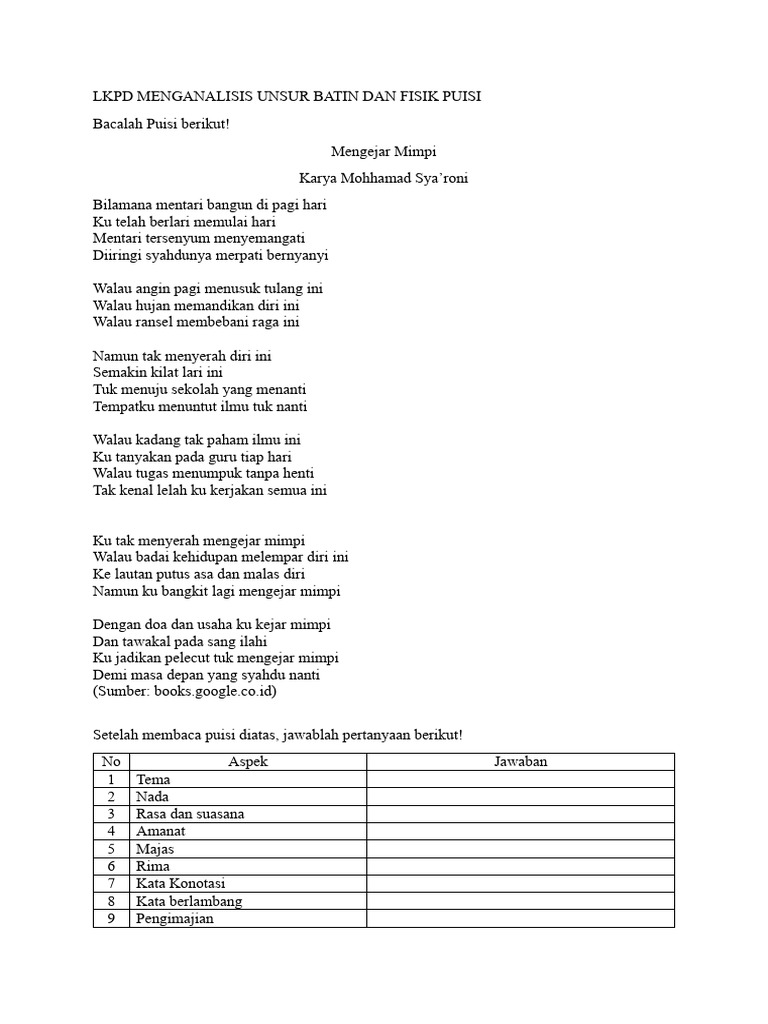 LKPD Menganalisis Unsur Batin Dan Fisik Puisi | PDF