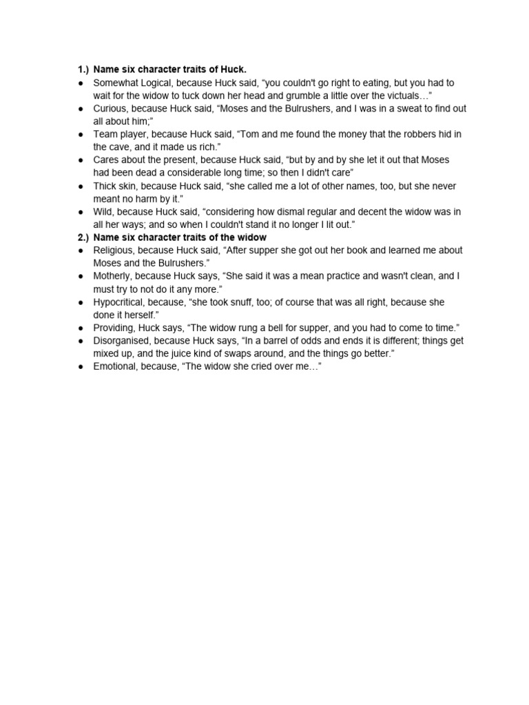 Huck Finn Character Traits | PDF | General Fiction