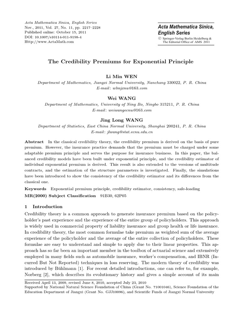 The Credibility Premiums For Exponential Principle | PDF | Insurance ...