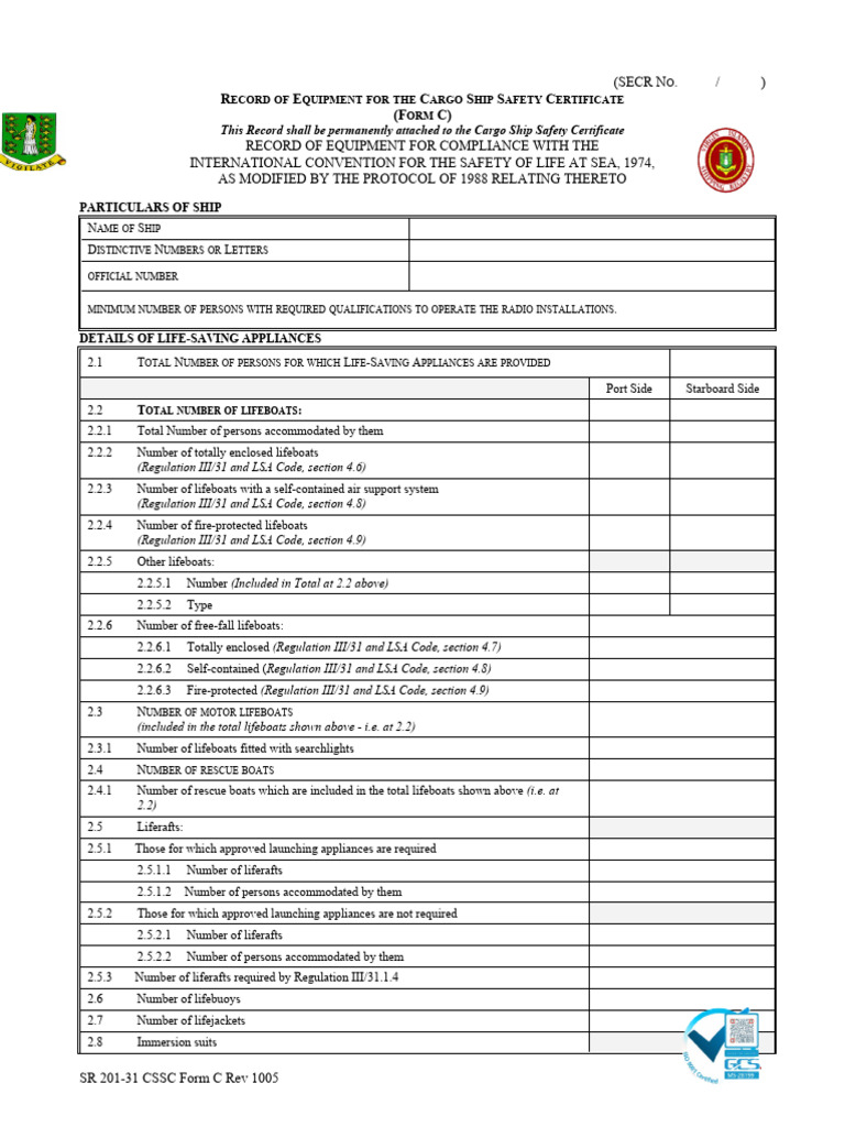 RecordofEquipmentfortheCargoShipSafetyCertificate (FormC) | PDF ...