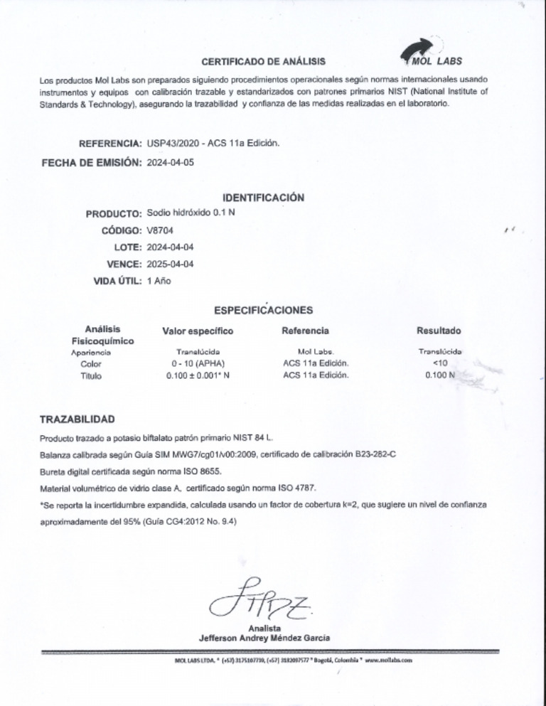 Certificado de Analisis | PDF