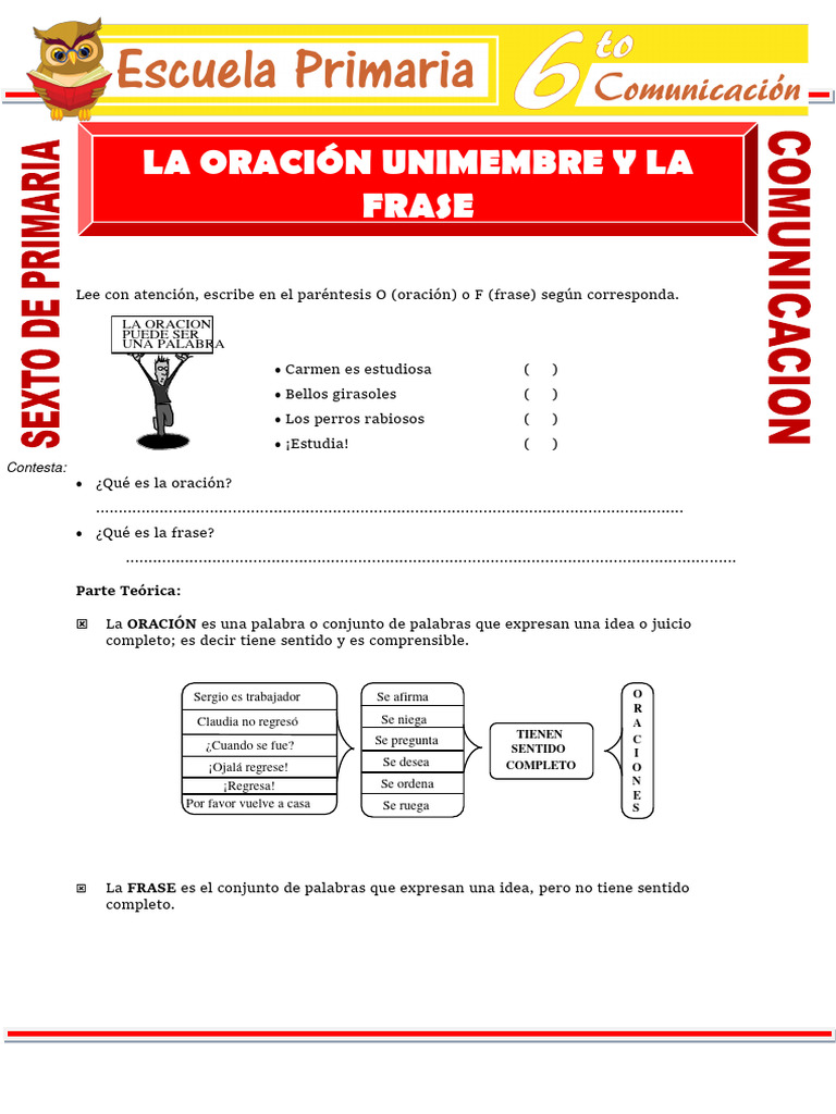 La Oración Unimembre y La Frase para Sexto de Primaria | PDF | Oración ...