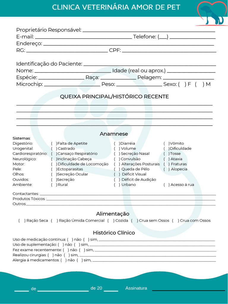 Ficha de Anamnese Veterinária | PDF | Medicina Clínica | Doenças e ...