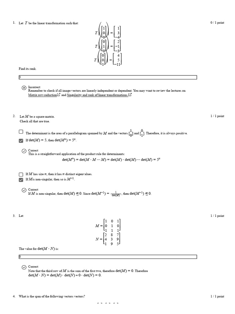 Graded Quiz - Coursera | PDF | Eigenvalues And Eigenvectors | Basis (Linear Algebra)