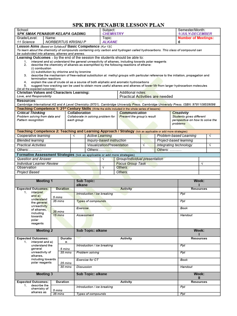 Lesson plan FORM _ EVALUATION 11 Elective -Alkane 2023 | PDF | Hydrocarbons | Alkane