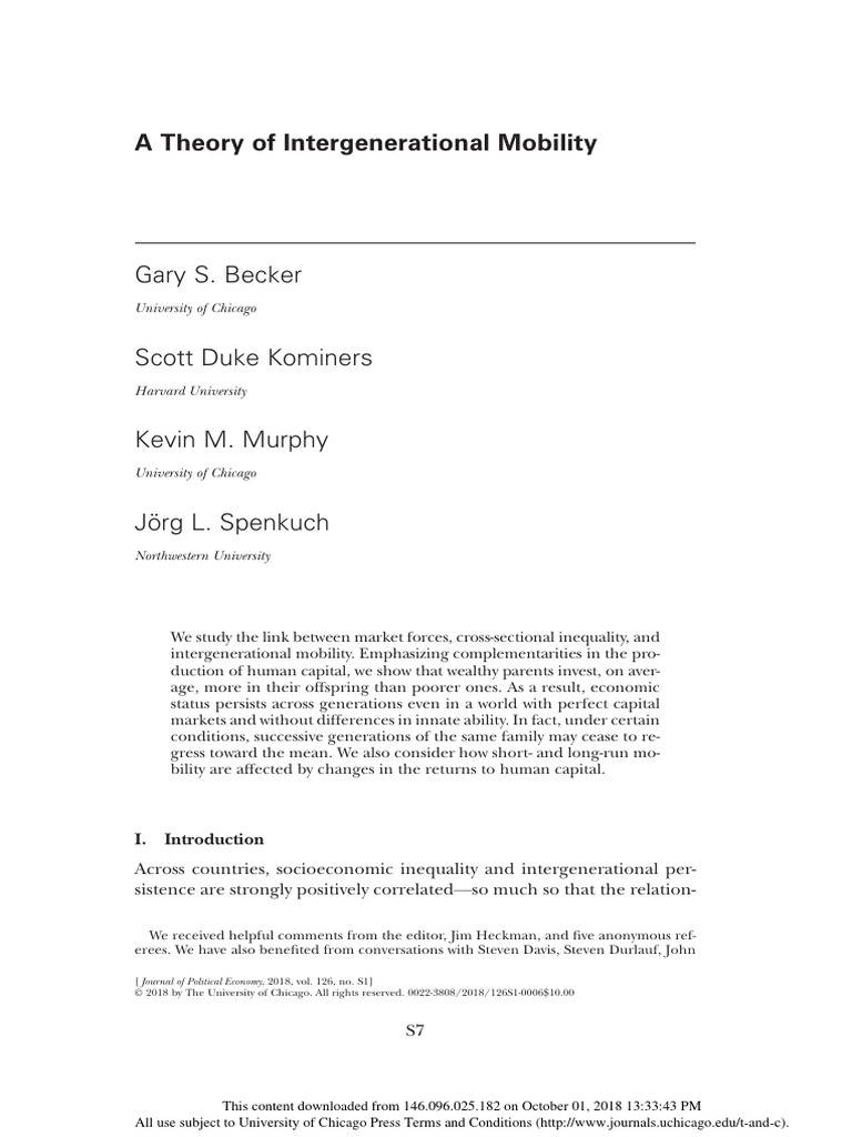 Becker Kominers Murphy Spenkuch Jpe Theory Intergenerational Mobility ...