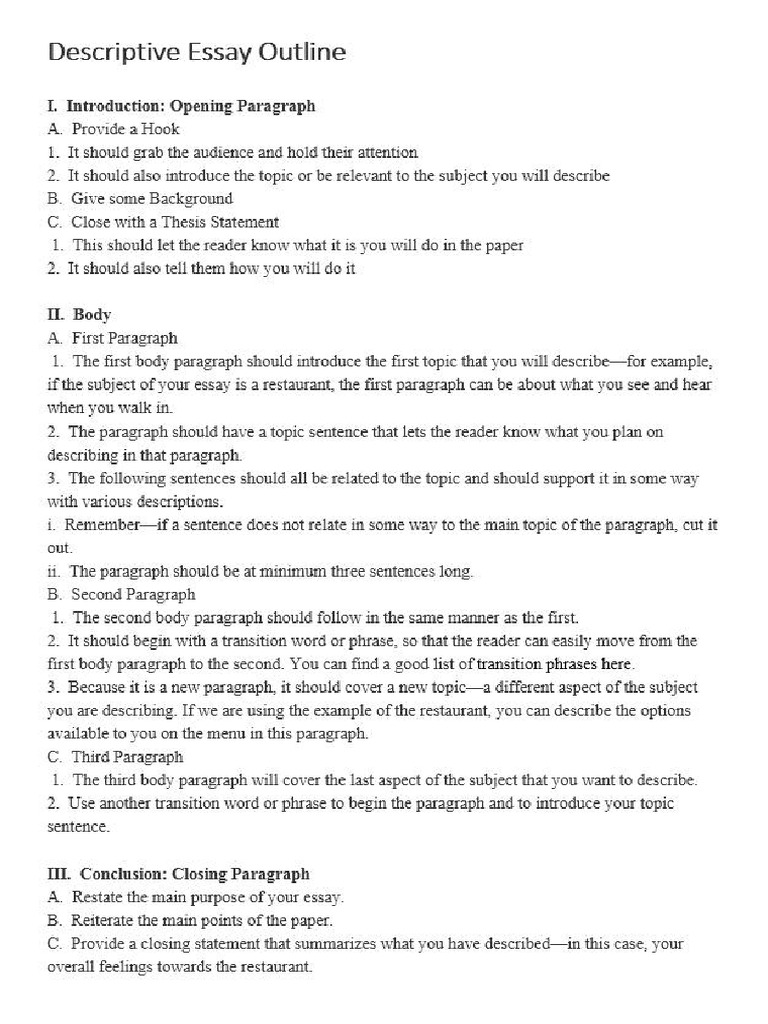 Descriptive Essay Outline | PDF