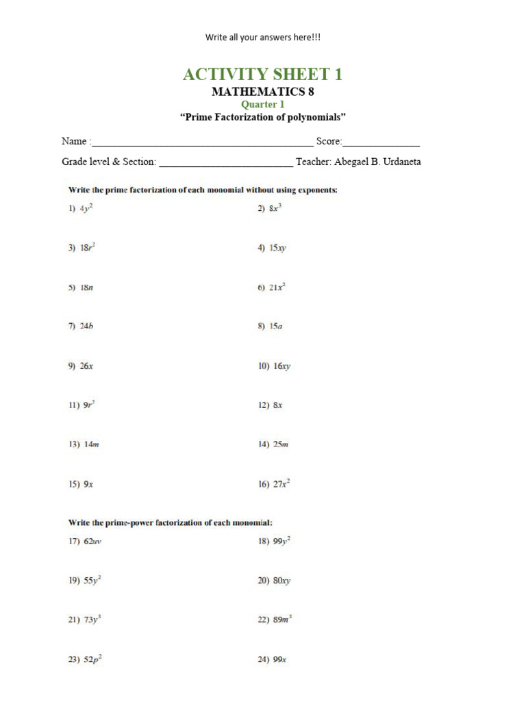 Math8 - Q1 - Activity Sheet 1 | PDF