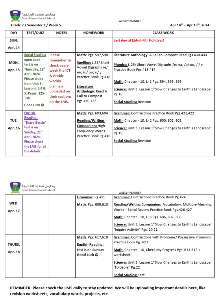Grade 2 Weekly Planner For Sem 3 Week 5 | PDF | Writing | Human ...