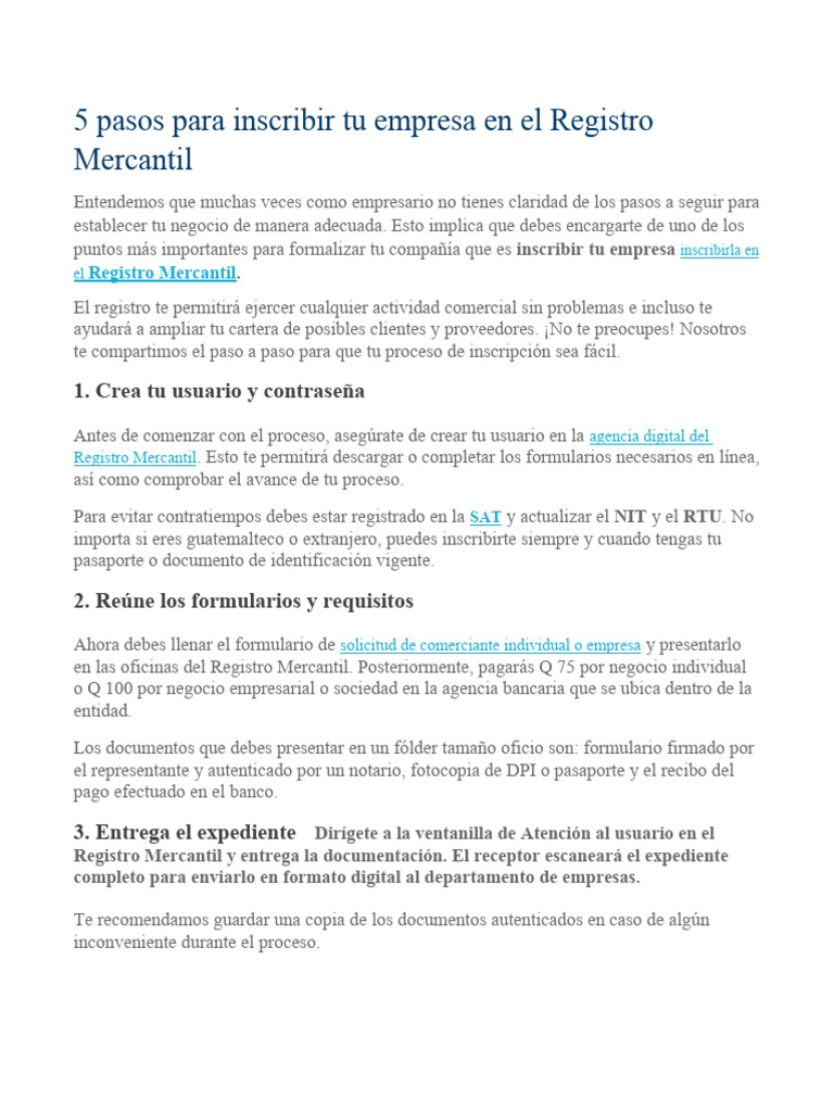 5 Pasos para Inscribir Tu Empresa en El Registro Mercantil | PDF | Impuestos | Finanzas del gobierno
