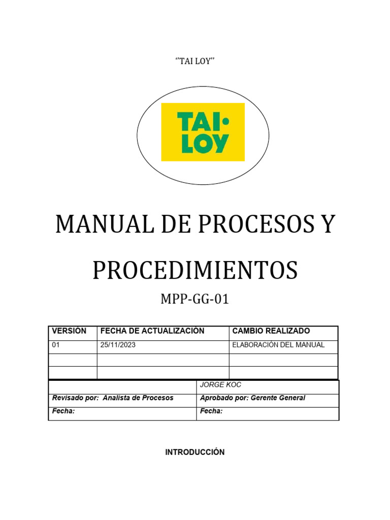 Esquema Manual de Procesos y Procedimientos Tai Loy | Descargar gratis ...