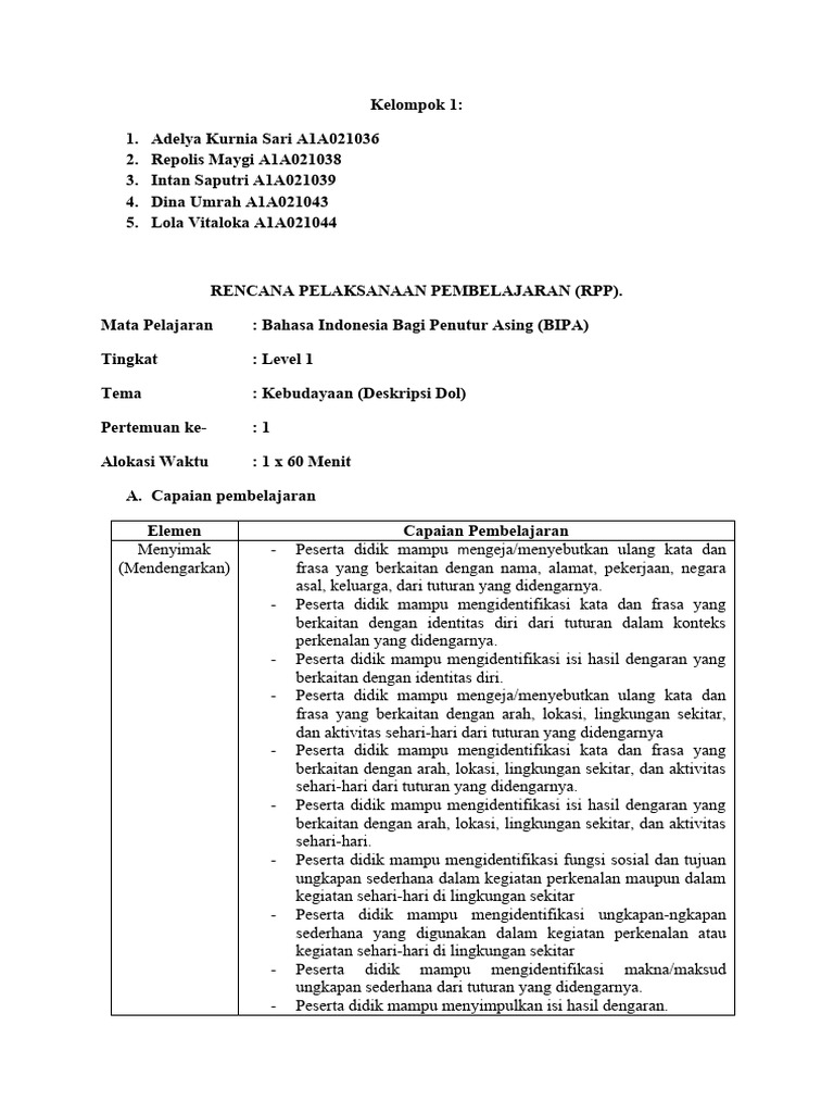 RPP BIPA Level 1: Kebudayaan | PDF | Karier & Perkembangan | Seni & Disiplin Bahasa