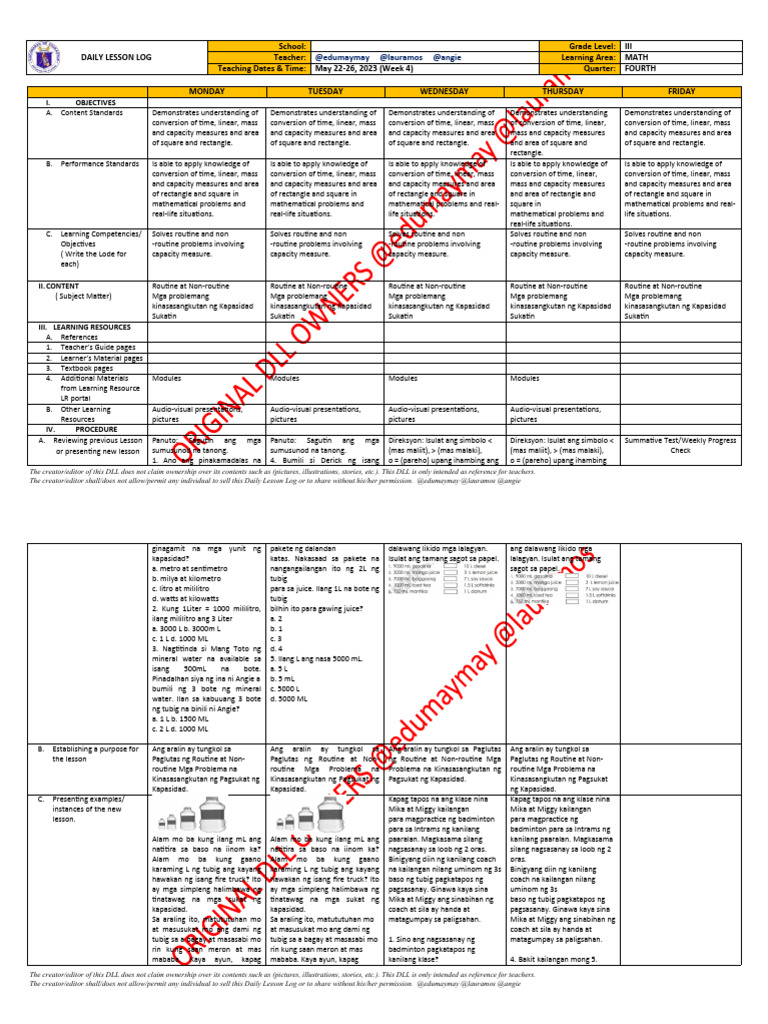 DLL - MATH - 3 - Q4 - W4 - Solves Routine and Non-Routine Problems Involving Capacity Measure ...