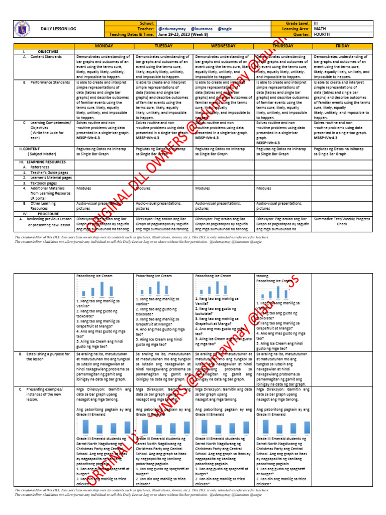 DLL - MATH - 3 - Q4 - W8 - Solves Routine and Non-Routine Problems Using Data Prsented in A ...