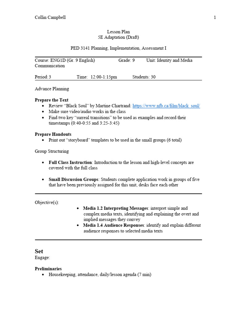 Campbell Collin - Lesson Plan 5e Model | PDF | Curriculum | Symbols