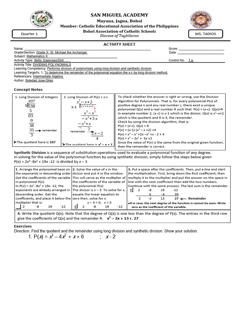 X X X X X: San Miguel Academy | PDF | Division (Mathematics) | Polynomial