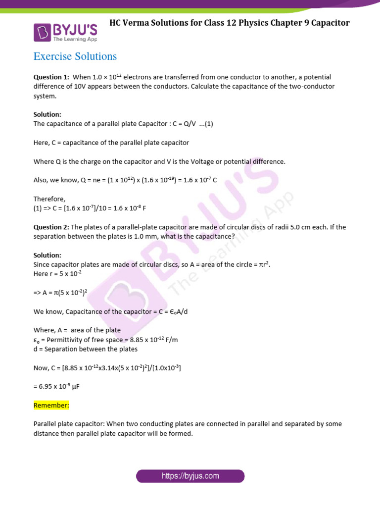 HC Verma Solutions Class 12 Physics Chapter 9 Capacitor | PDF | Capacitor | Capacitance