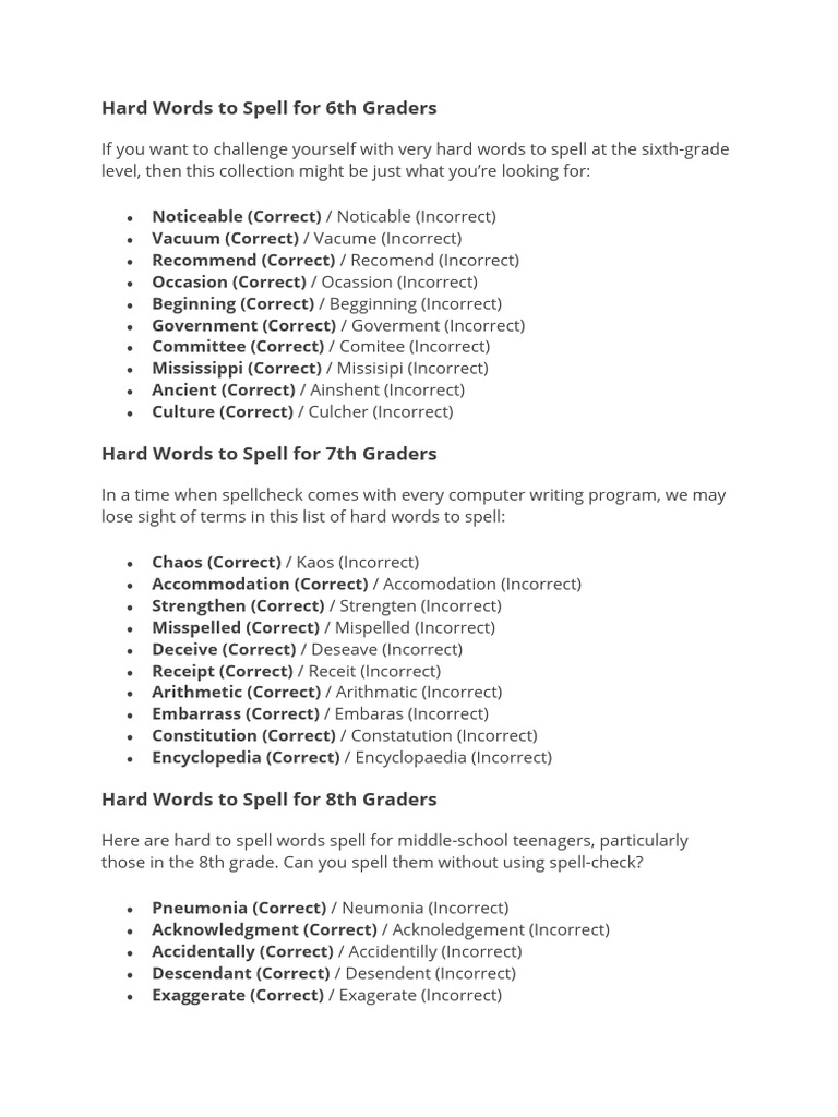 Hard Words to Spell for 6th Graders | PDF | English Language | Odin