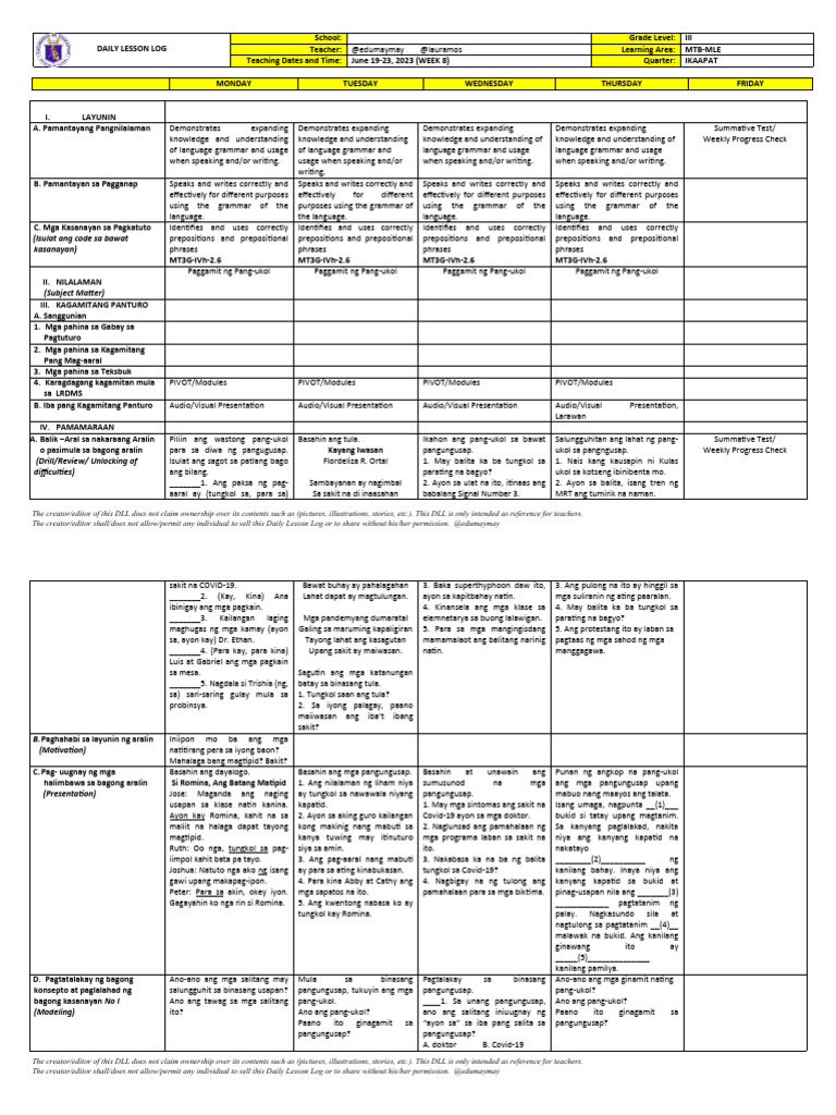 DLL - MTB MLE3 - Q4 - W8 Paggamit NG Pang Ukol | PDF | Grammar | Syntax DLL - MTB MLE3 - Q4 - W8 Paggamit NG Pang Ukol | PDF | Grammar | Syntax