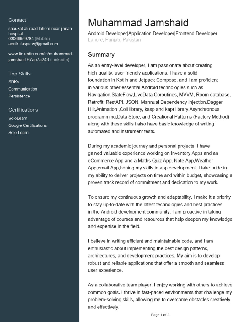 Jamshaid Android Developer | PDF | Mobile App | Android (Operating System)