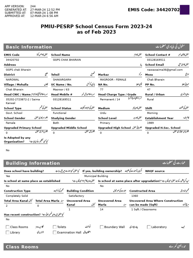 Census 2024 School Bhai Pur | PDF