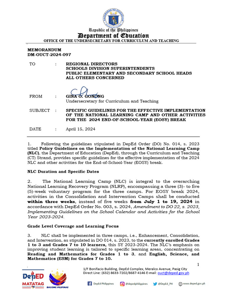Specific Guidelines On Effective Implementation 0f NLC 2024 | PDF | Teachers | Learning