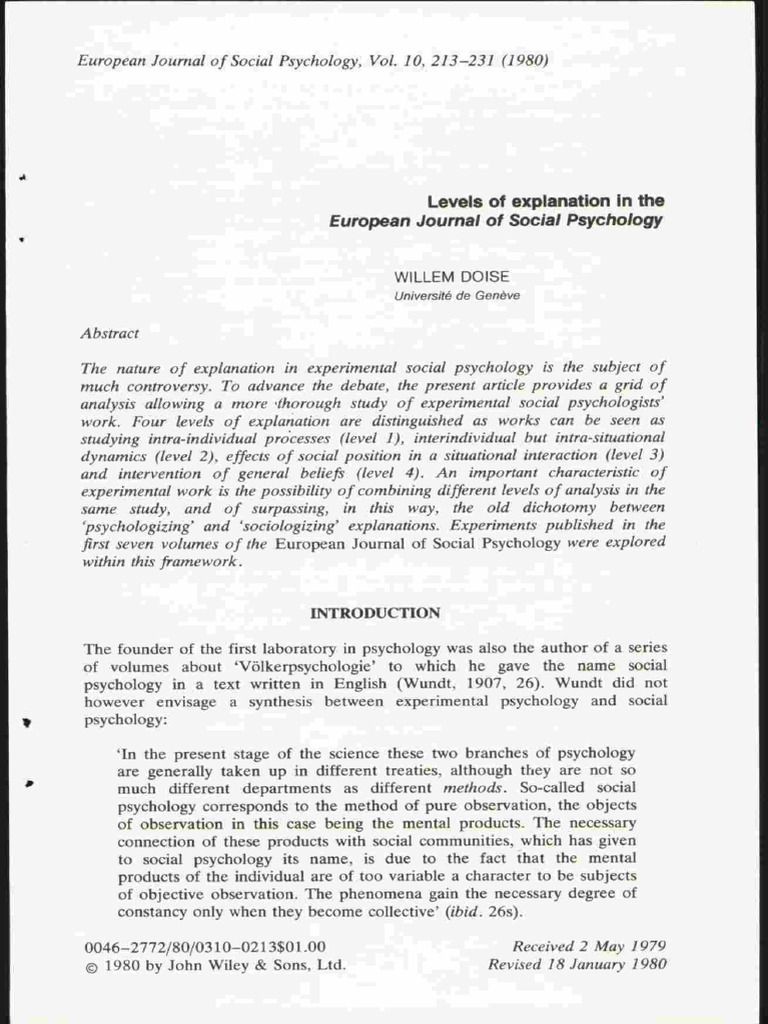 Levels of Explanation in The EJSP (Doise'80) | PDF
