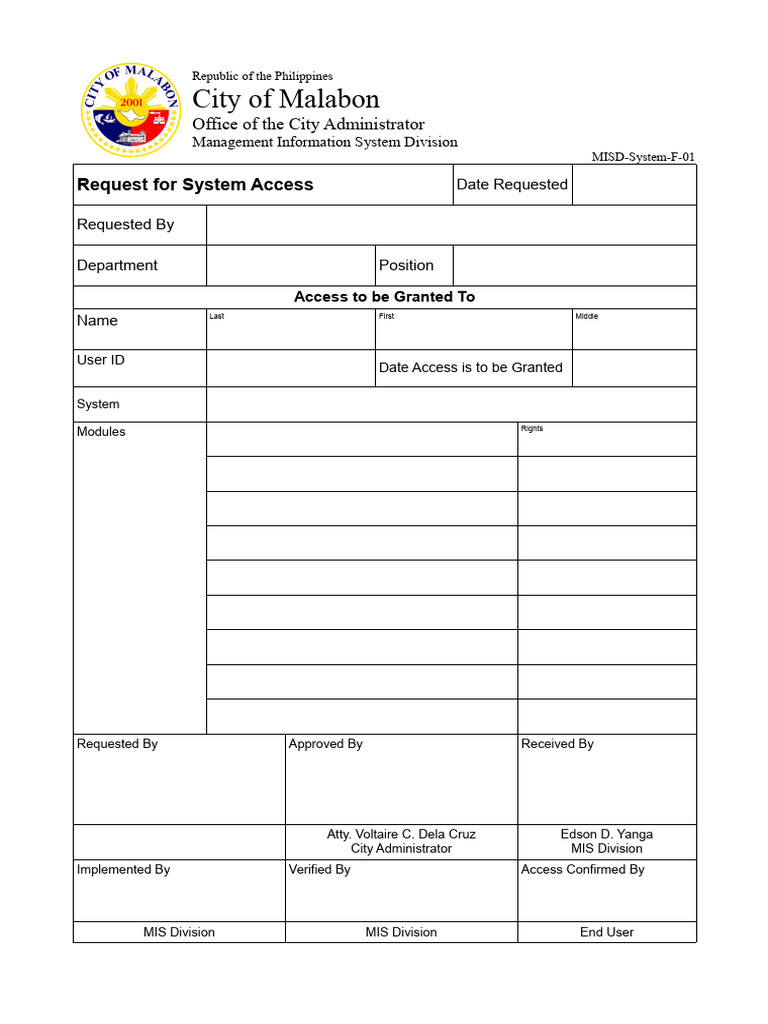 Malabon City MIS Access Request Forms | PDF | Management Information ...