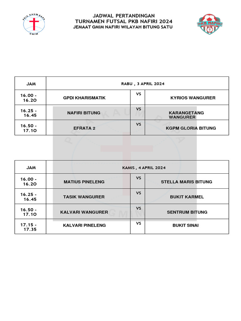 Jadwal Pertandingan Turnamen Futsal PKB Nafiri Bitung 2024 | PDF