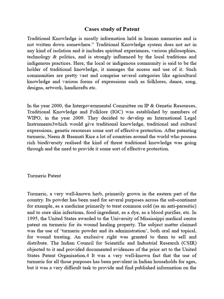 Cases Study of Patent | PDF | Traditional Knowledge | Patent