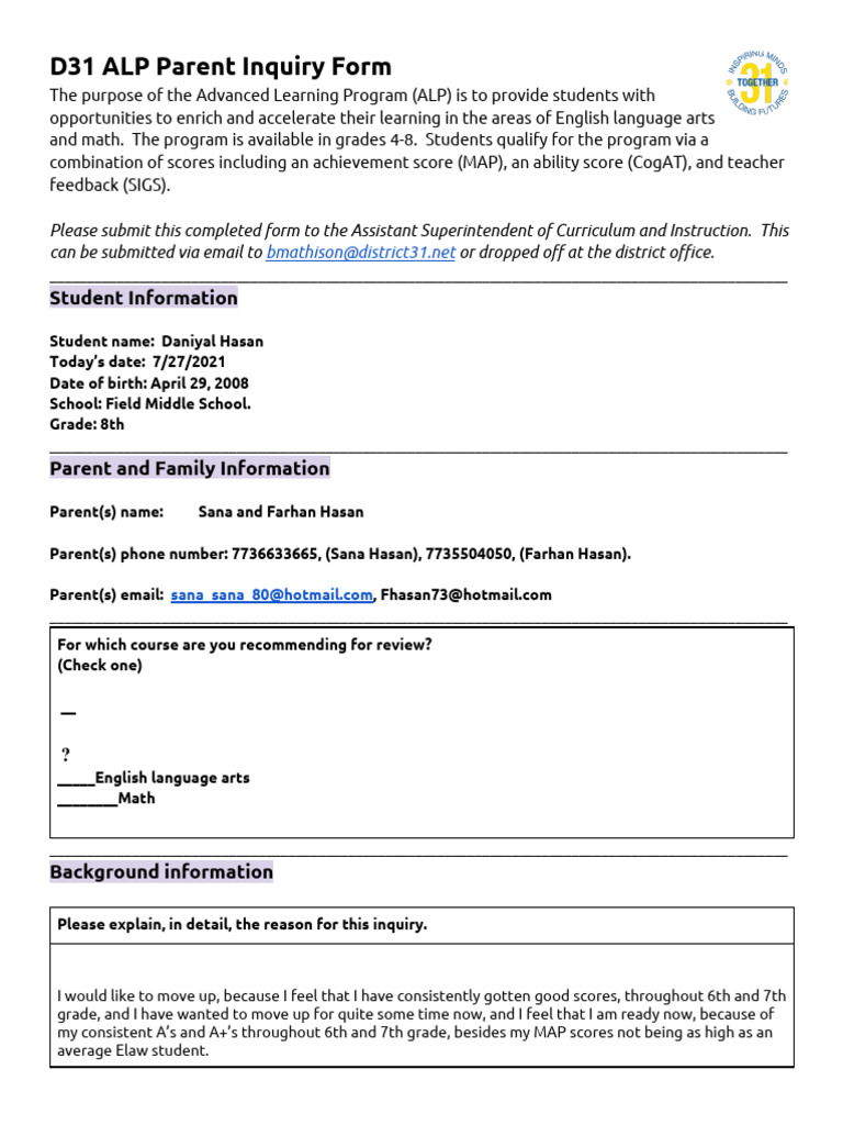 ALP Parent Inquiry Form | PDF | Mathematics | Jokes