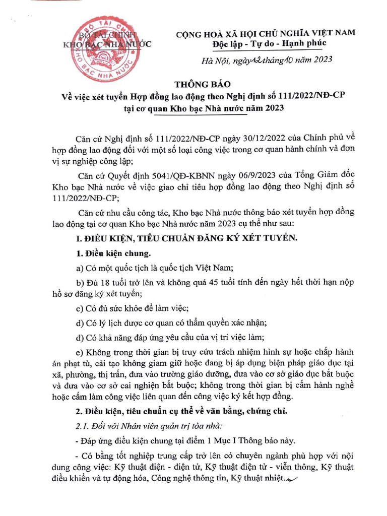Thông báo xét tuy_n c_ quan KBNN 2023 | PDF