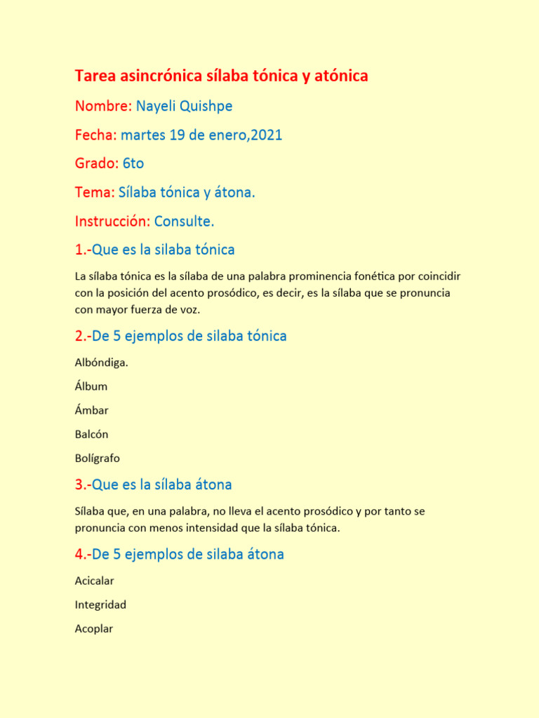 Sílaba Tónica y Átona: Definición y Ejemplos | PDF | Artes del Lenguaje ...