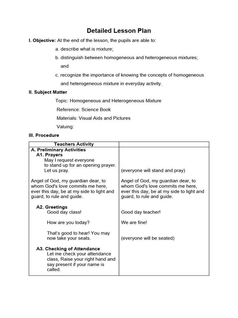 S FD Lesson Plan | PDF | Mixture | Homogeneity And Heterogeneity