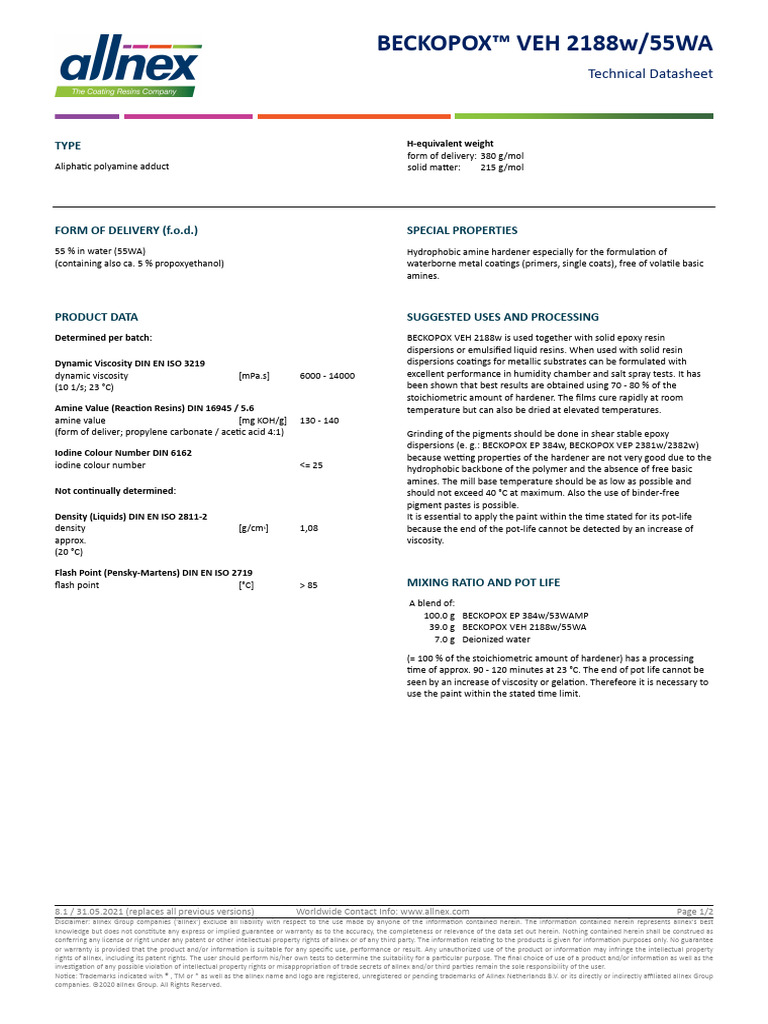 BECKOPOX VEH 2188w 55WA - EN - A4 | PDF | Epoxy | Materials
