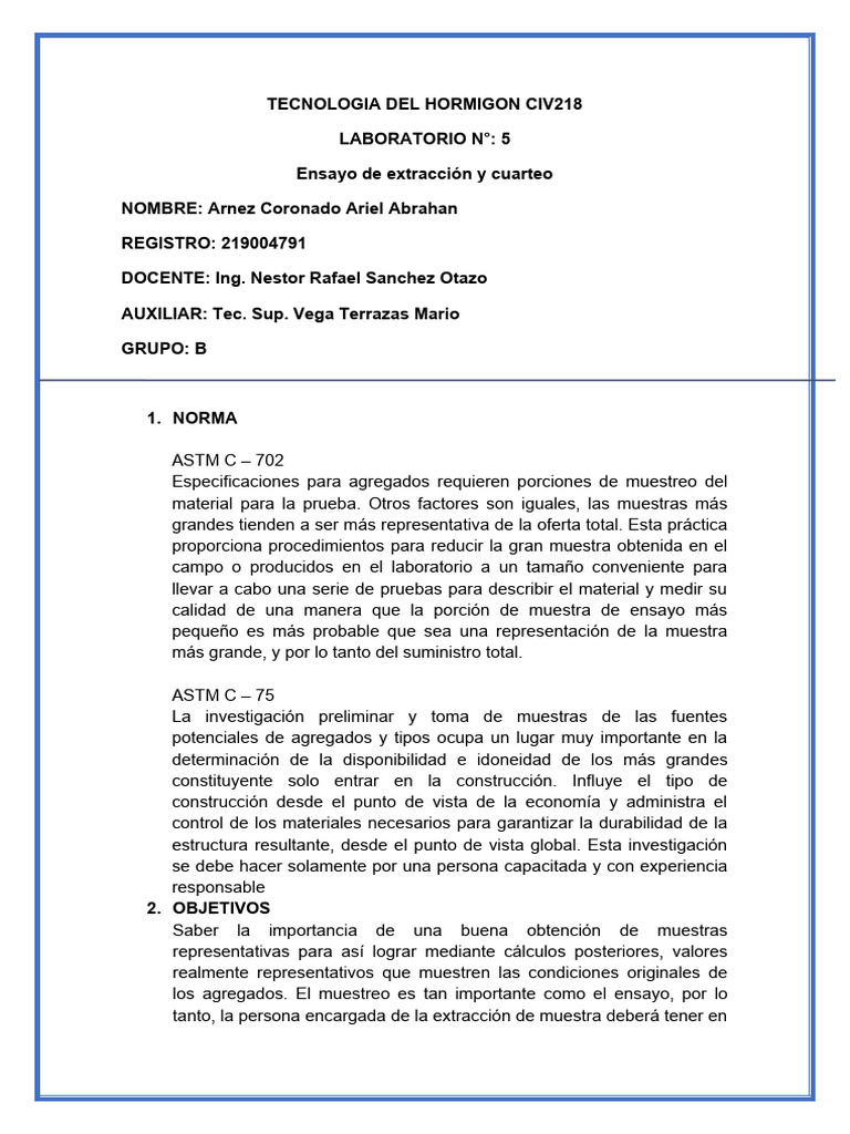 Lab 5 Extraccion y Cuarteo | PDF | Hormigón | Muestreo (Estadísticas)