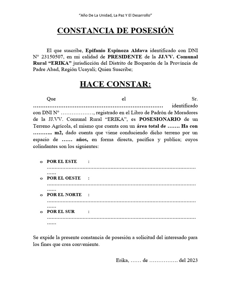 modelo de CONSTANCIA DE POSESIÓN | PDF