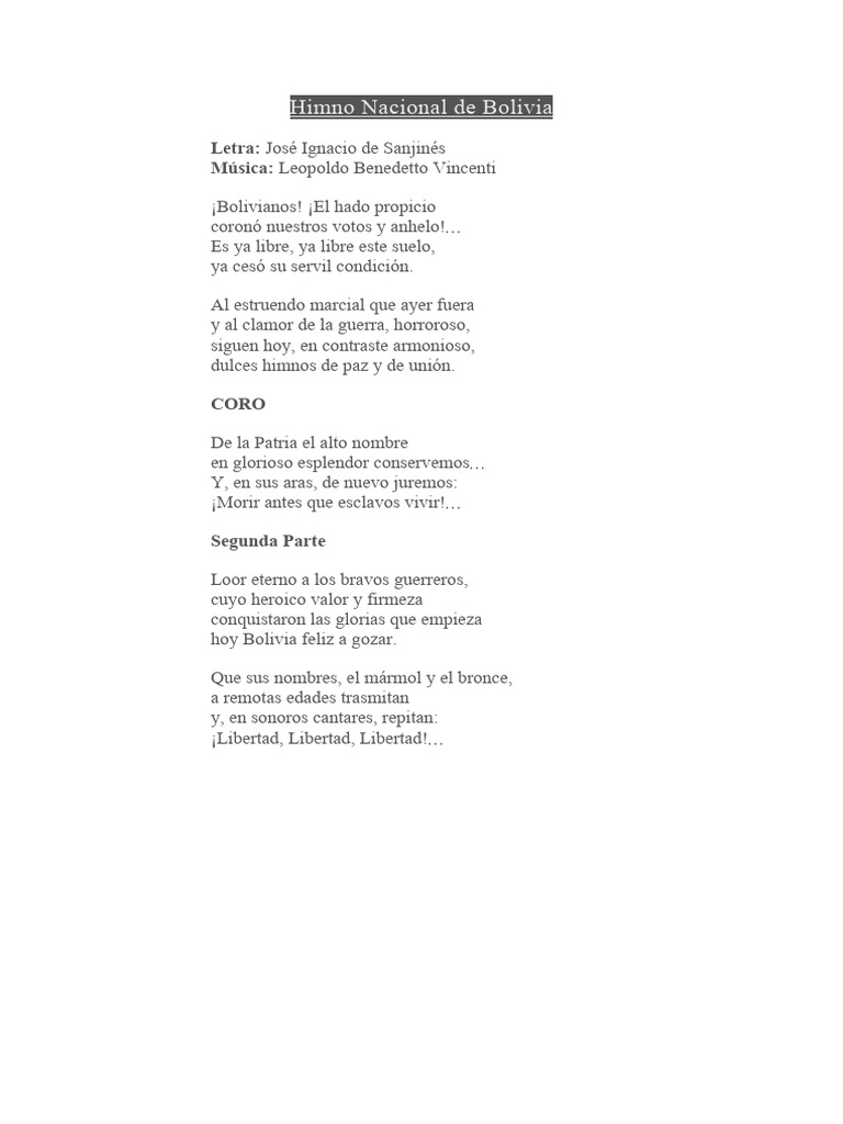 Himno Nacional de Bolivia: Letra y Música | PDF