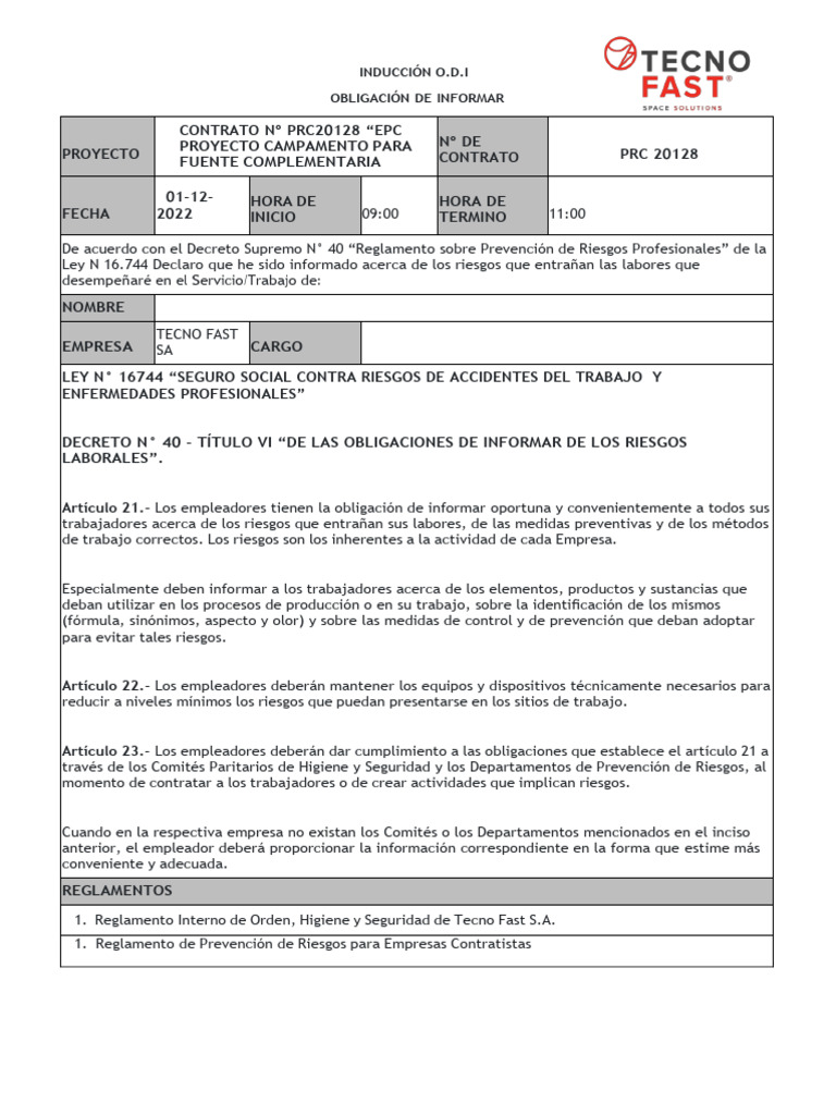 Odi - Proyecto - TECNO FAST S | PDF | Seguridad y salud ocupacional | La seguridad