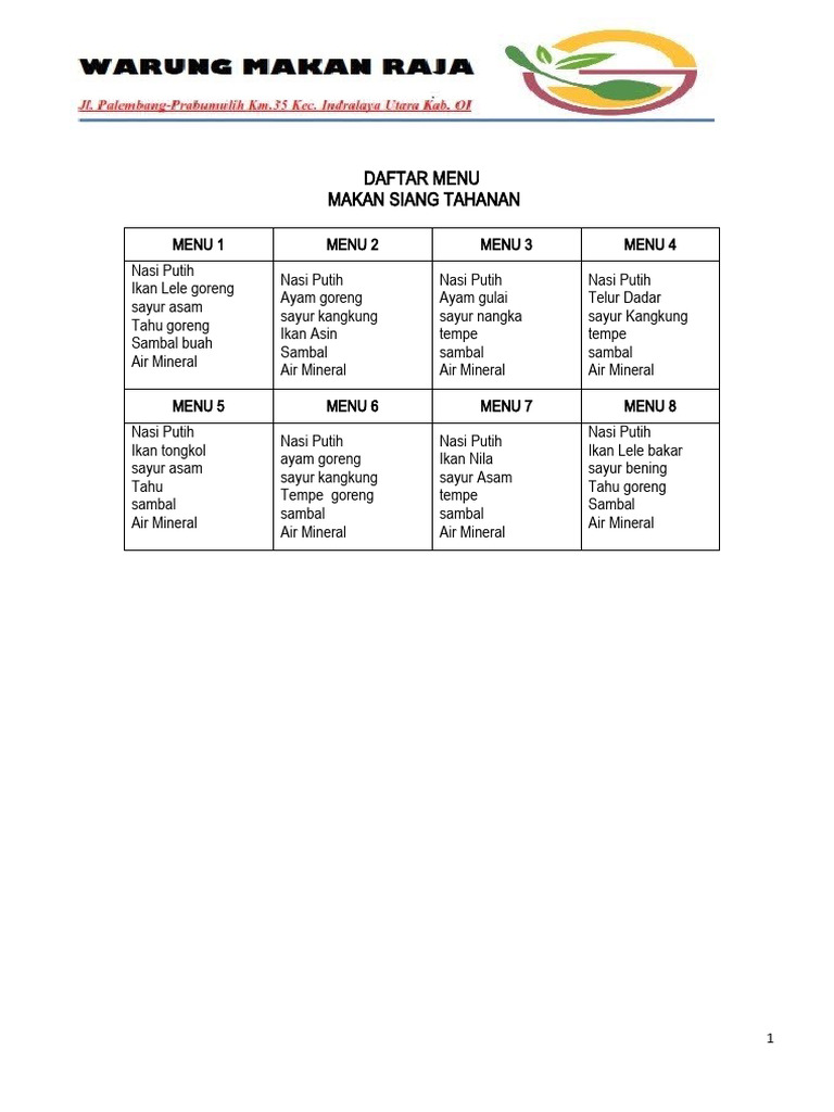 Menu Makan Siang Tahanan Sehat | PDF